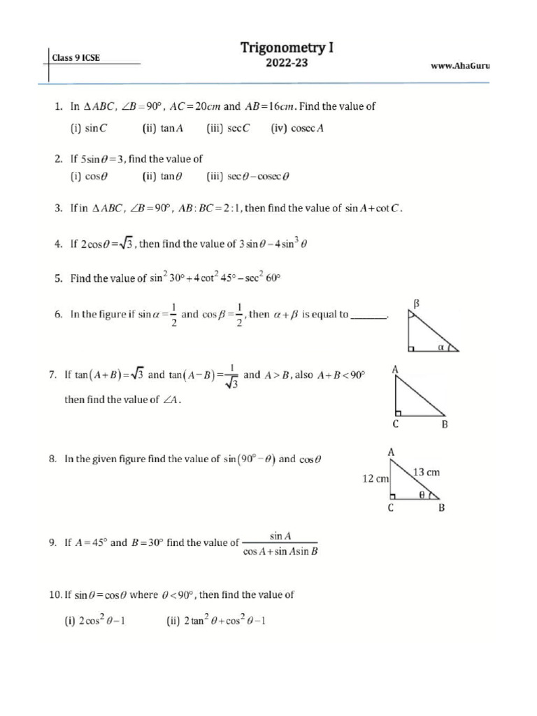Trignometry Icse Class 9 Test | PDF