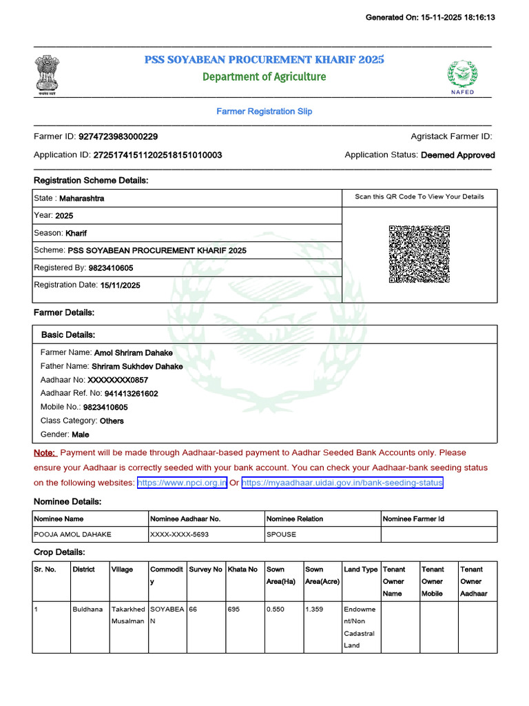 PSS Soyabean Procurement Registration 2025 | PDF | Receipt | Qr Code