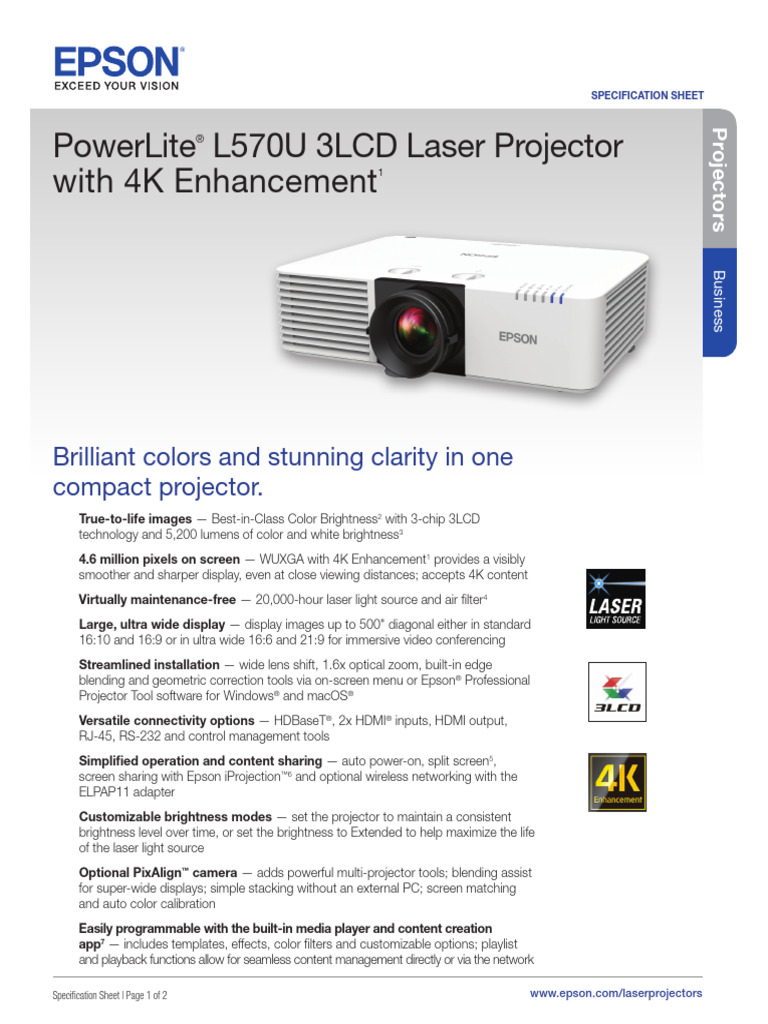 PowerLite L570U Projector Specification Sheet CPD-63053 PDF | PDF ...