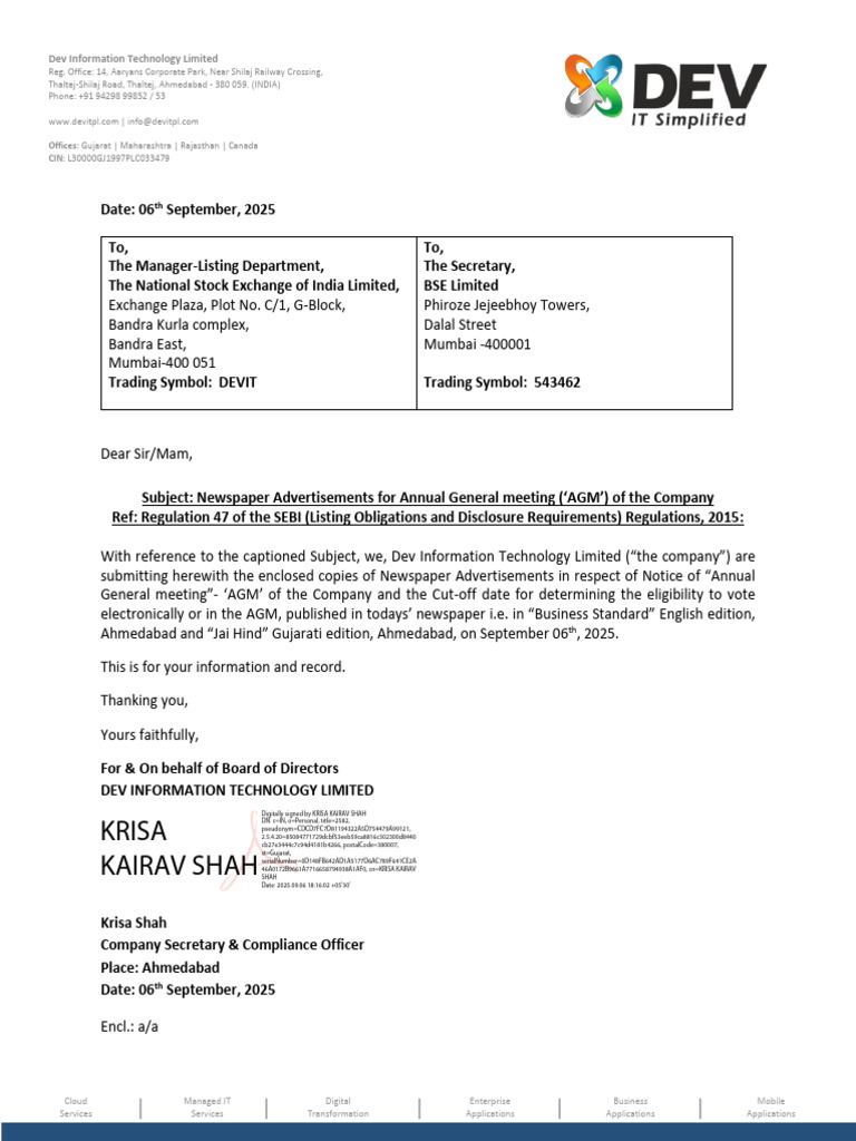 Dev IT Ltd AGM Notice and Advertisements | PDF | Electronic Voting ...