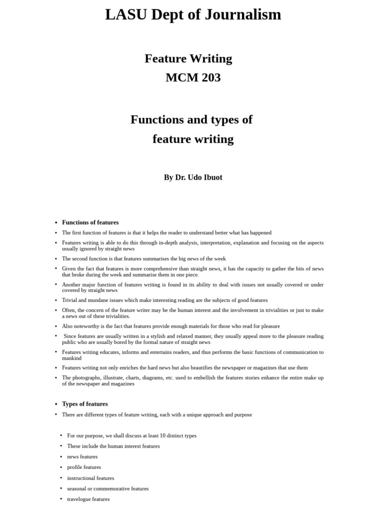 Functions and Types of Feature Writing | PDF | News | Holidays