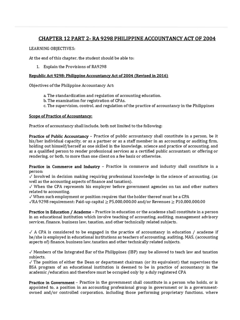 Philippine Accountancy Act Overview | PDF | Certified Public Accountant ...