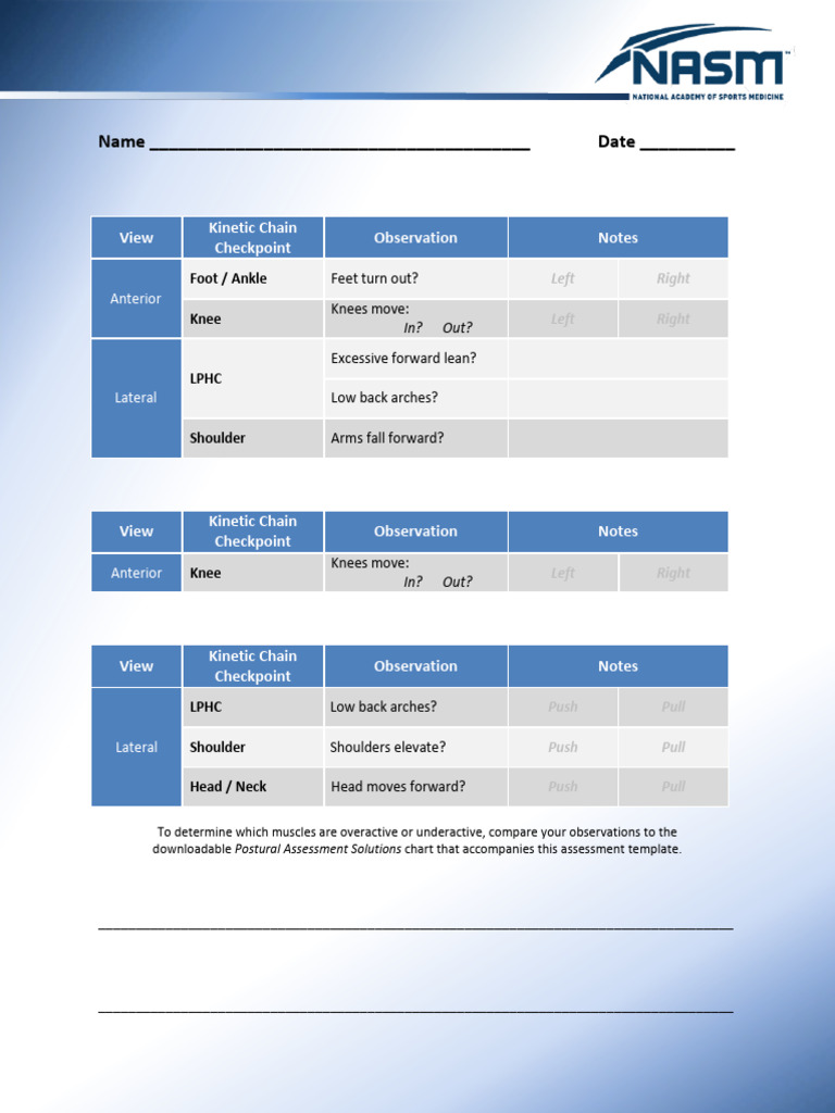 NASM-CPT Dynamic Posture Assessment Templates | PDF