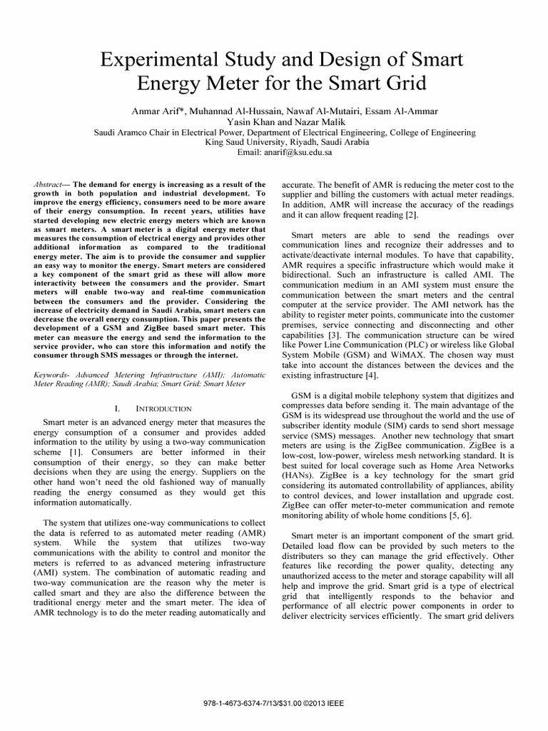 Smart Energy Meter Design for Smart Grid | PDF | Smart Grid ...