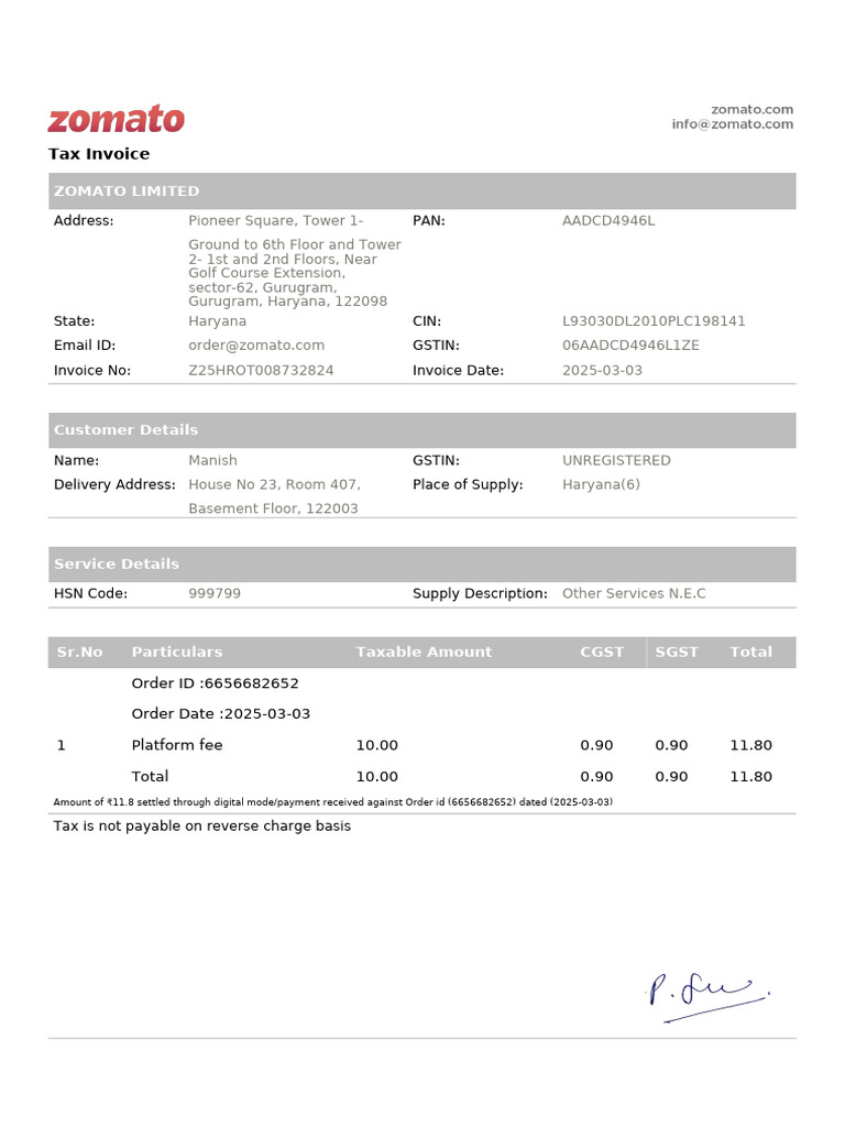 Zomato Tax Invoice for Order 6656682652 | PDF | Taxation | Government ...