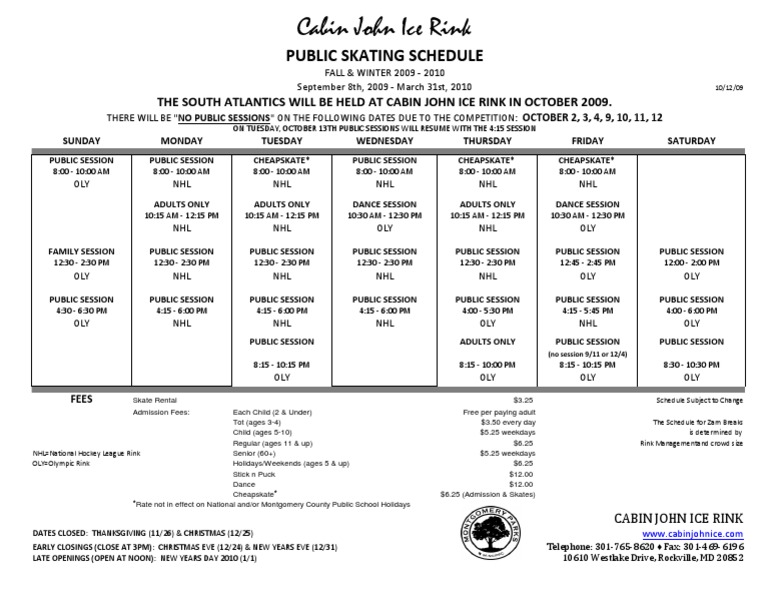 Cabin John Ice Rink Public Skating Schedule | PDF