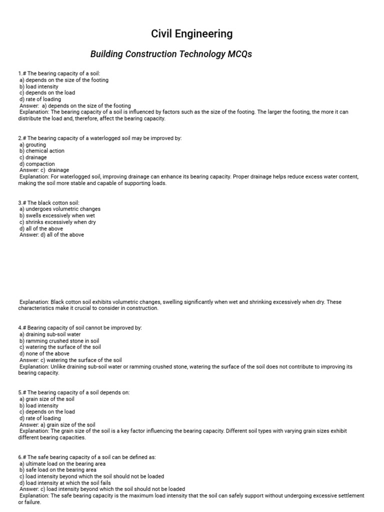 Building Construction Technology MCQs 263 | PDF | Concrete | Masonry