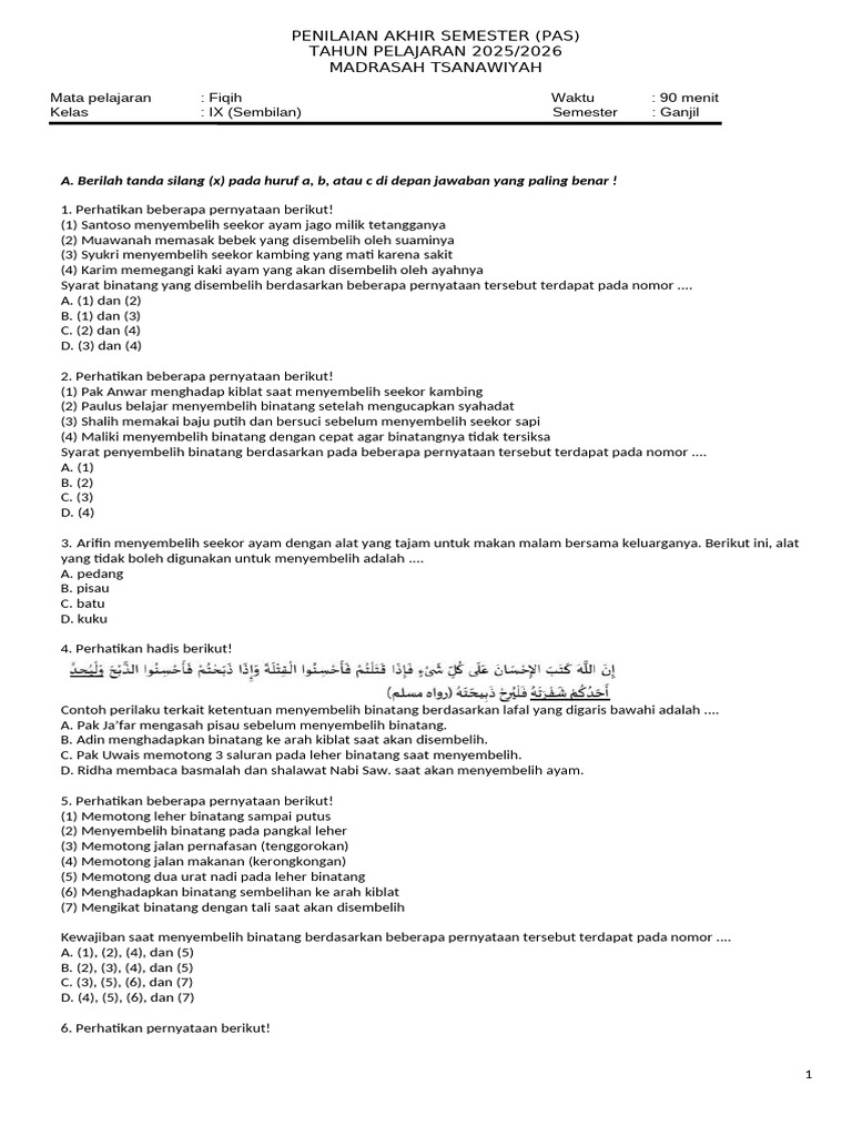 SOAL-PAS-FIQIH-KELAS-9-MTs | PDF
