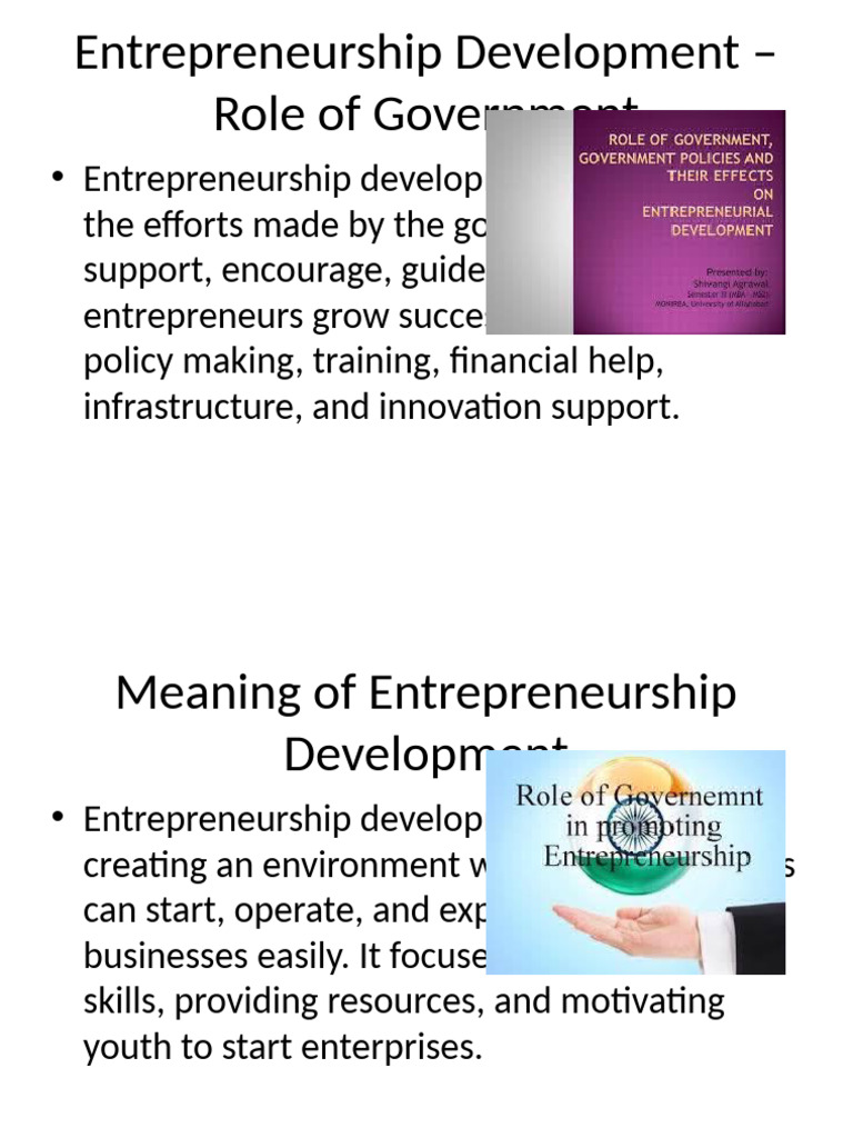Entrepreneurship Govt Role Final With Photos | PDF | Entrepreneurship ...