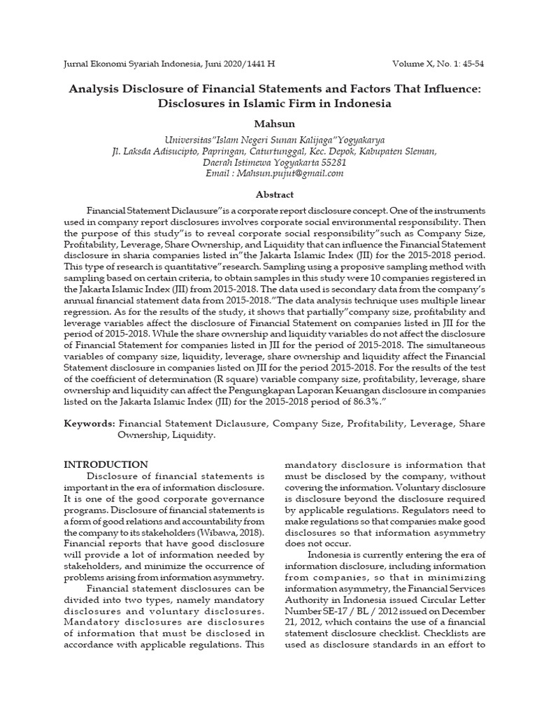 Analysis Disclosure of Financial Statements and Factors That Influence ...