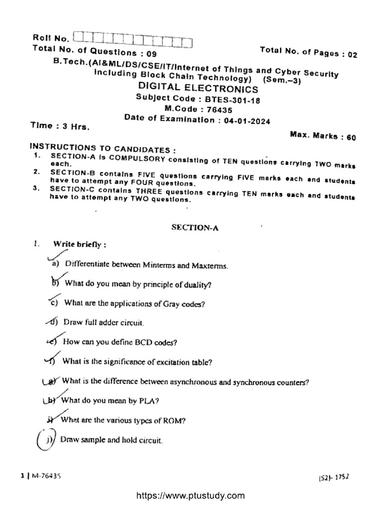 Btech Cse It 3 Sem Digital Electronics 76435 Jan 2024 | PDF