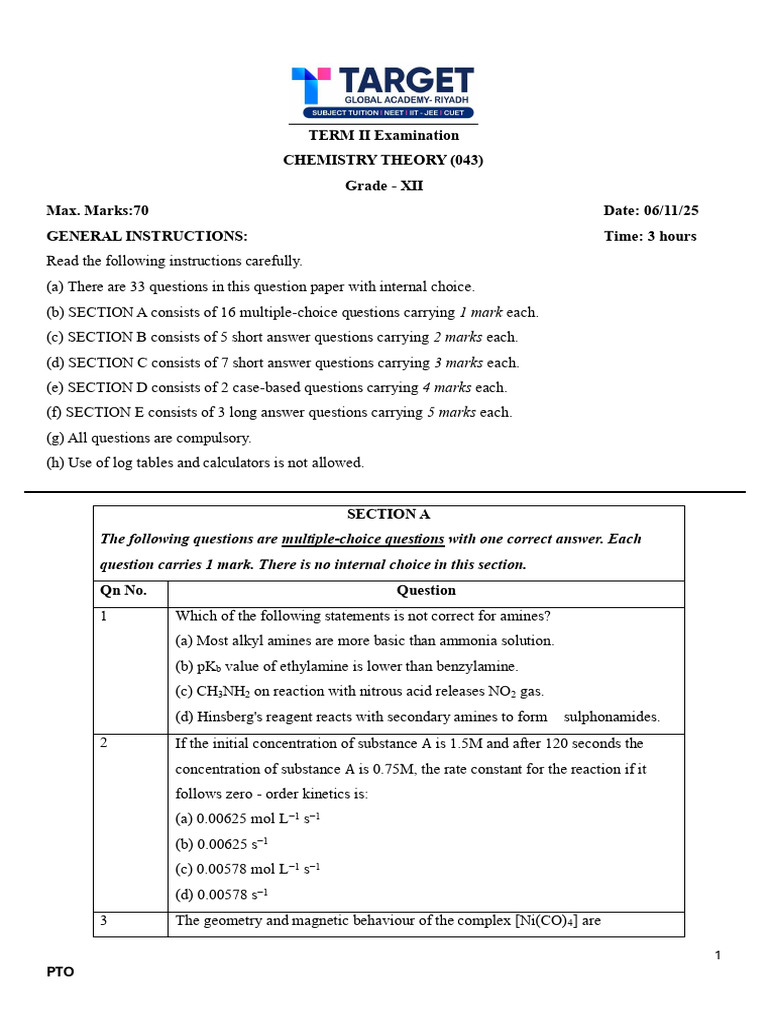 Grade XII Chemistry Theory Exam Paper | PDF | Aldehyde | Amine