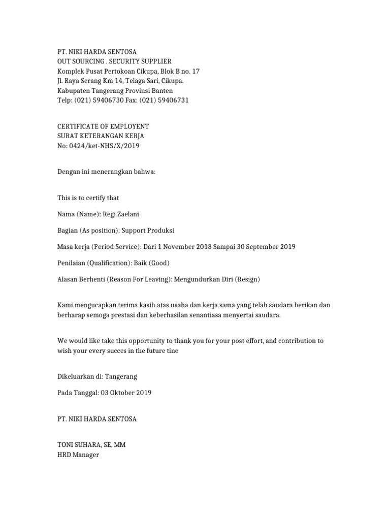 Surat Keterangan Kerja PT Niki Harda Sentosa | PDF