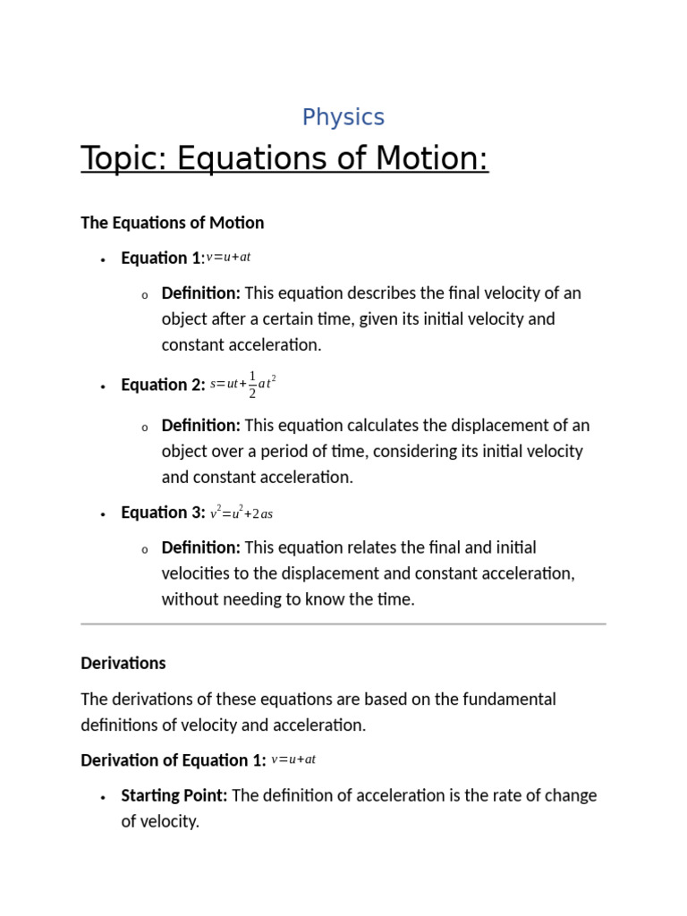 Physics Kinematic Equation | PDF | Velocity | Acceleration