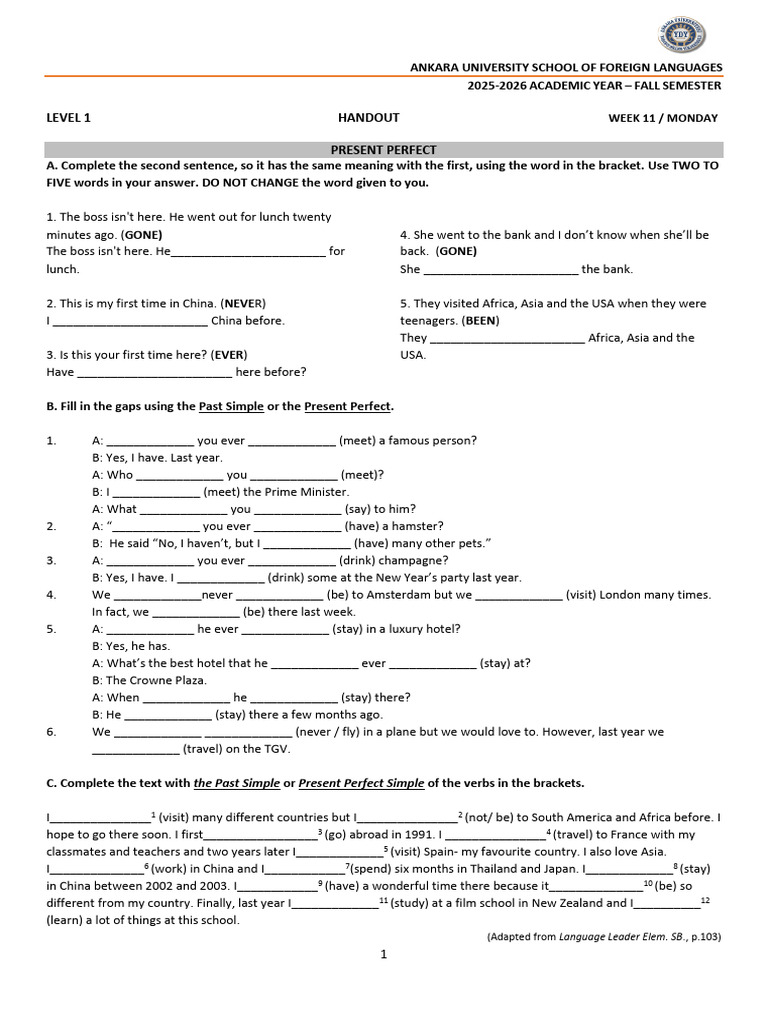 HANDOUT (Present Perfect) | PDF | Linguistics | Grammar