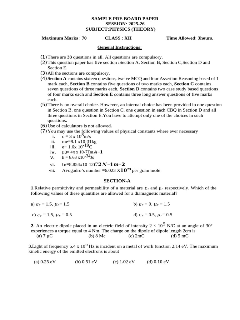 Physics Pre Board Paper Class XII 2025-26 | PDF | Energy Level | Electron