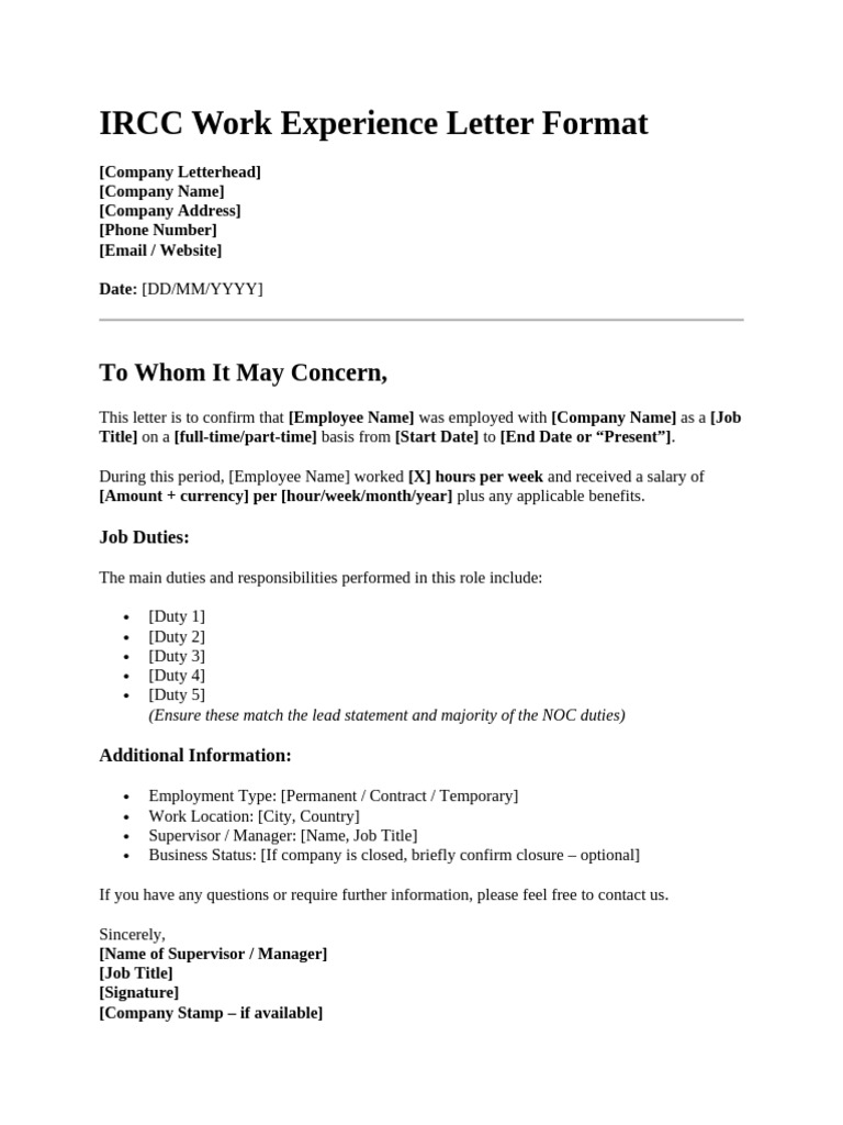 IRCC Work Experience Letter Template | PDF