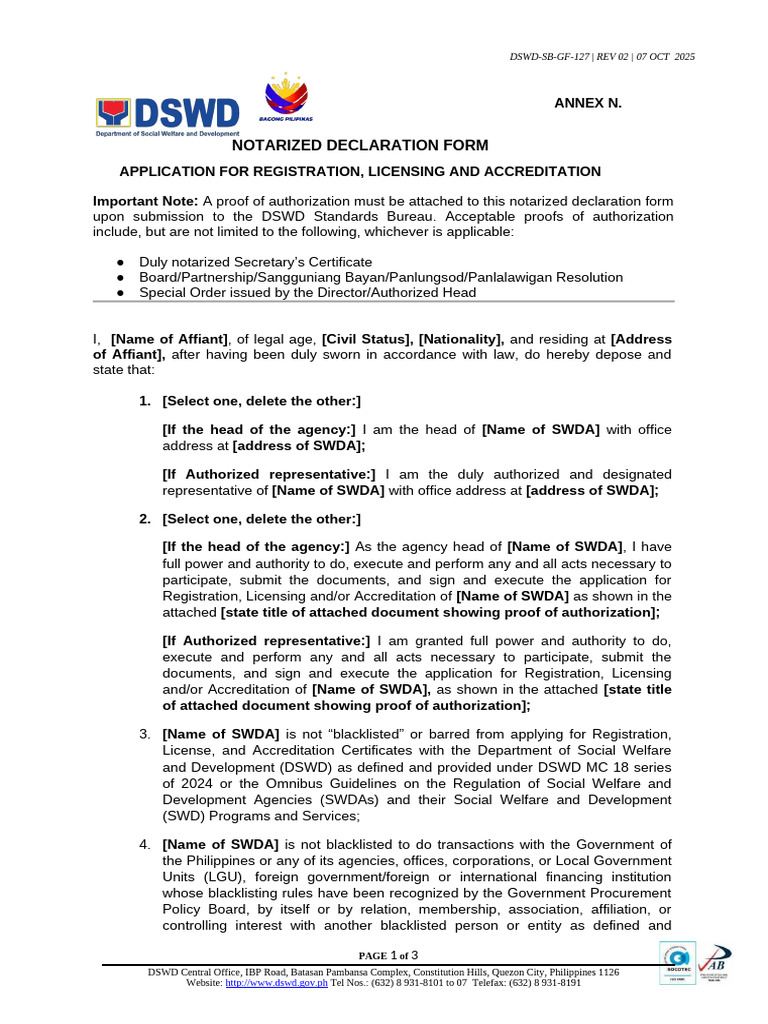 Notarized Declaration for DSWD Registration | PDF | Affidavit | Justice