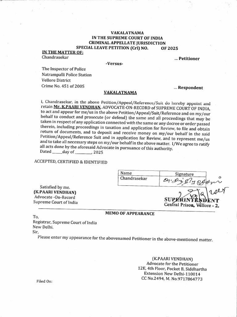 Chandrasekar Vakalat and Affidavit | PDF | Affidavit | Practice Of Law