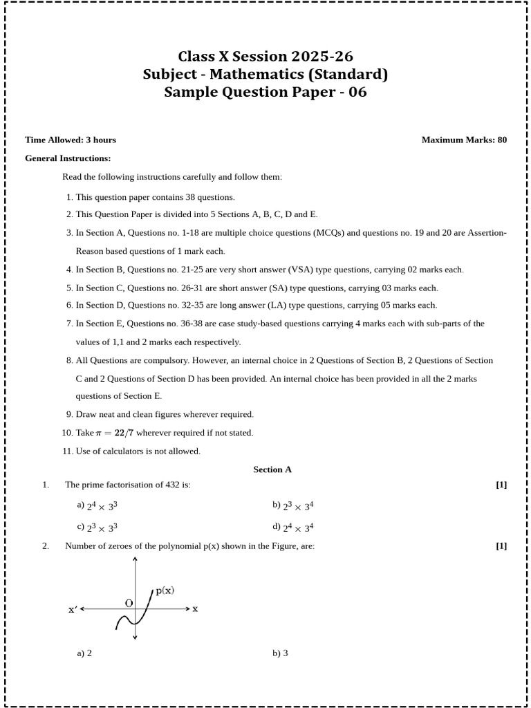 CBSE Sample Paper Class 10 Maths (Standard) 2026 Set - 6 PDF Download ...