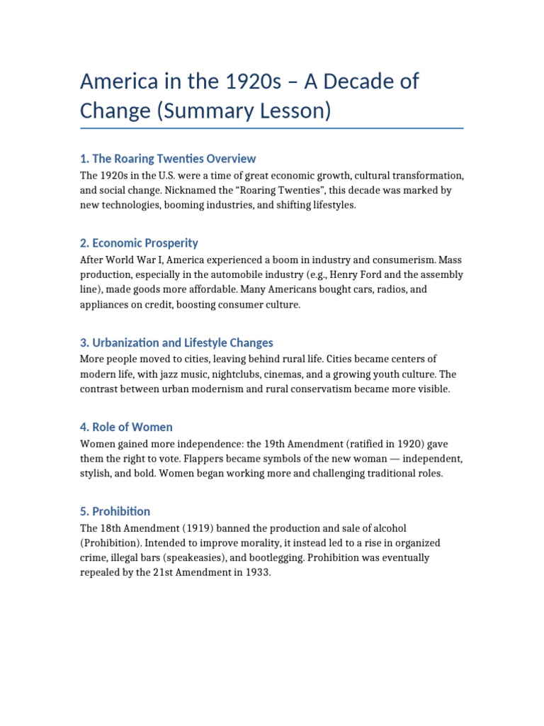 America 1920s Summary Lessongpt | PDF | Roaring Twenties | Prohibition