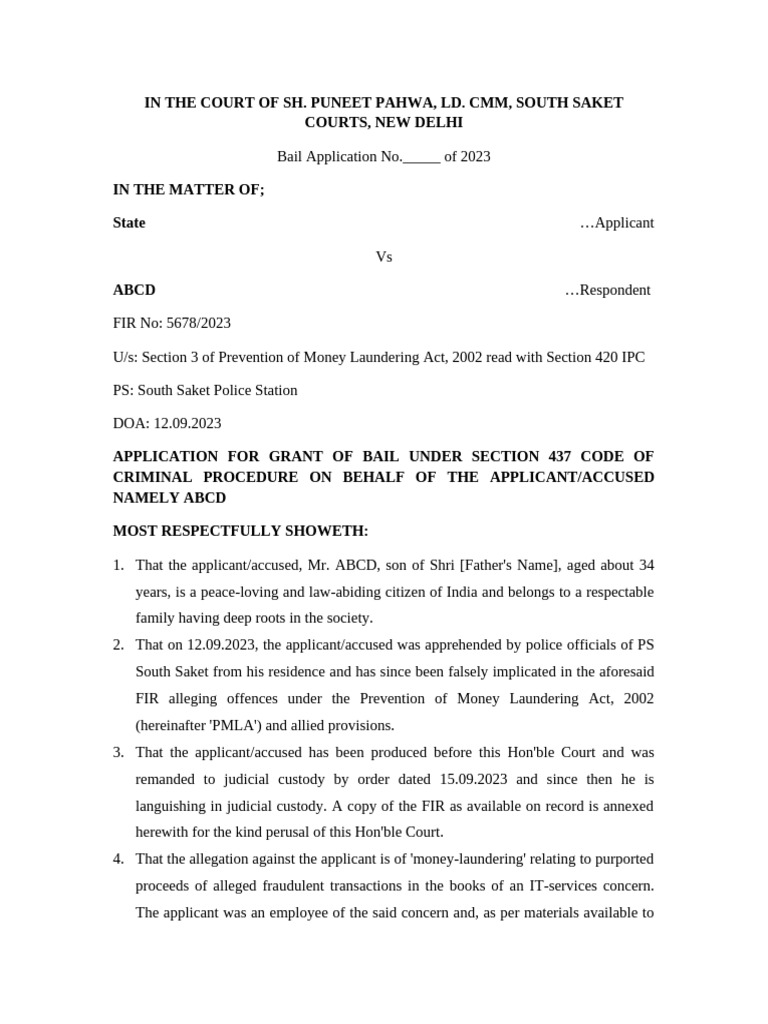 Bail Application for Money Laundering Case | PDF | Bail | Criminal Law