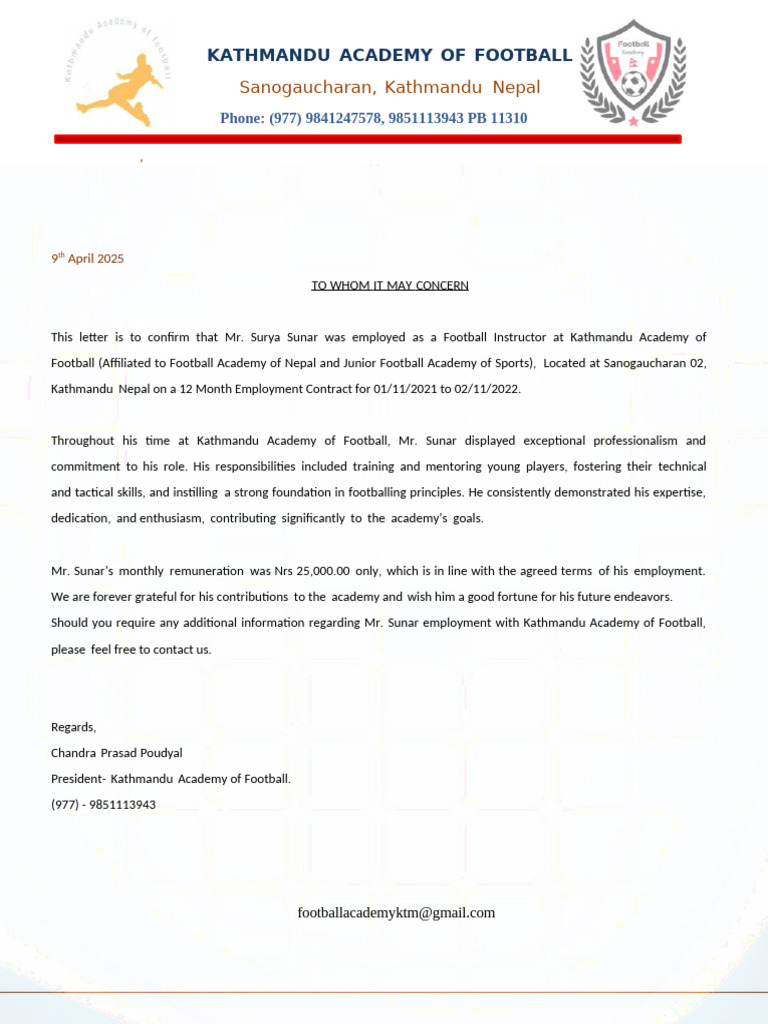 Reference Letter Kathmandu Academy of Football | PDF
