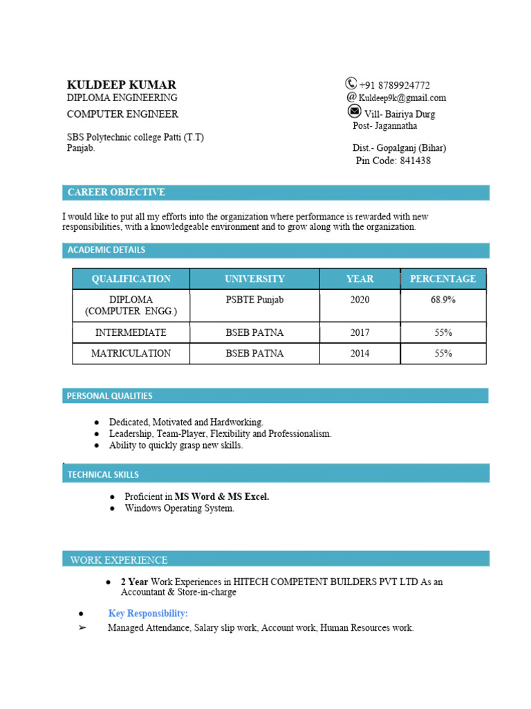 Computer Engineer Resume of Kuldeep Kumar | PDF
