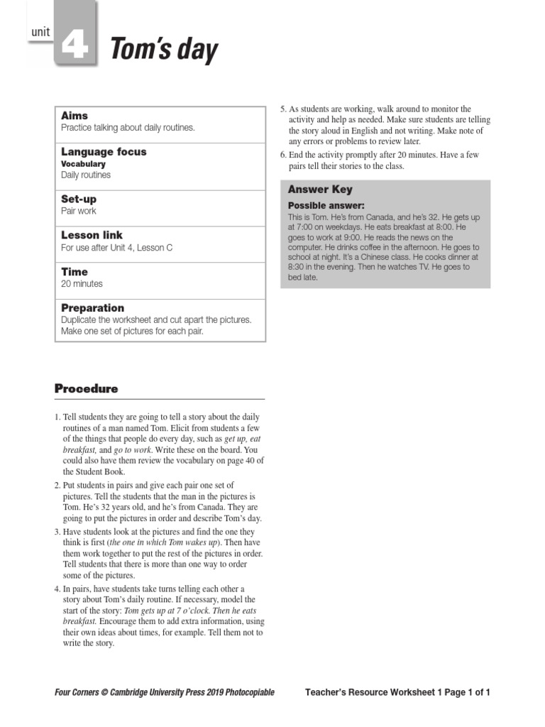 Four Corners Level 1 Unit 4 Toms Day Worksheet 1 | PDF