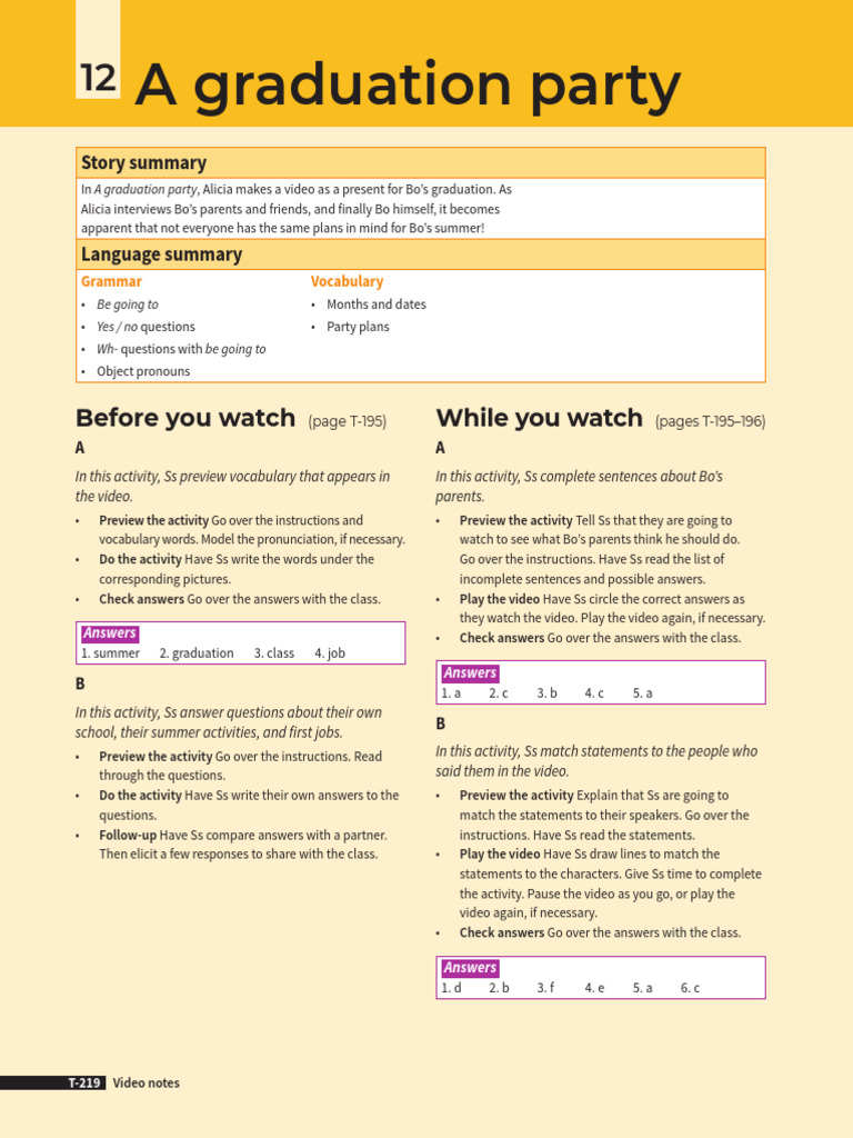 Four Corners Level 1 Unit 12 A Graduation Party Video Notes | PDF ...