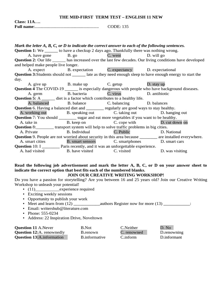 Key Code 135-Test Practice Test 1 (Unit 1,2,3) Form 2025 | PDF | Mind ...