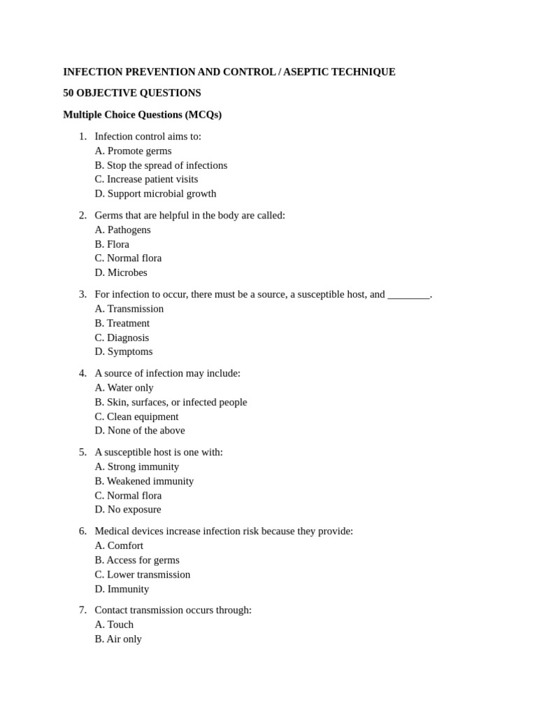 Infection Control MCQs and Techniques | PDF | Infection | Health Sciences