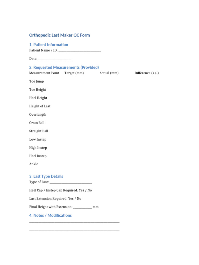 Orthopedic Last Maker QC Form | PDF