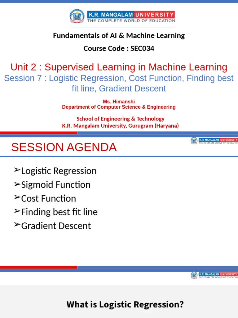 Session 7 Logistic Regression, Cost Functions, Finding Best Fit Line, Gradient Descent (1) | PDF ...