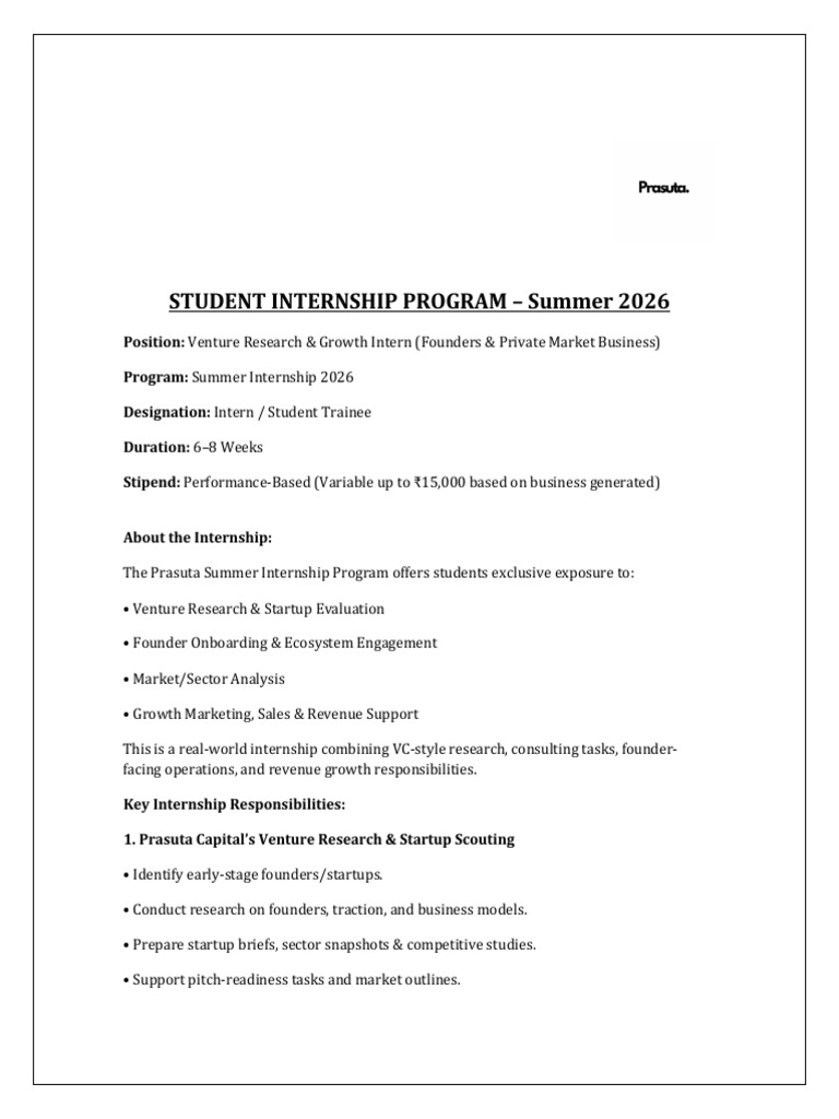 Summer 2026 Venture Research Internship | PDF | Startup Company | Small ...