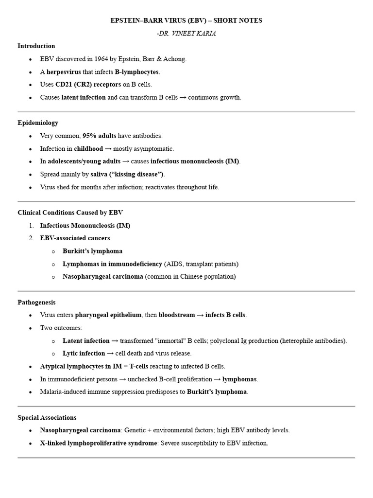 Eb Virus Short Notes | PDF | Infection | Immunology