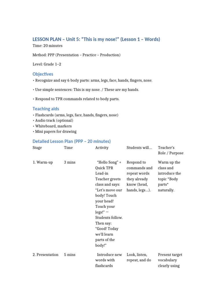 PPP Lesson Plan Unit5 Body SimonSays | PDF | Vocabulary | Lesson Plan