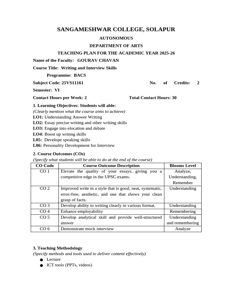 WIS Teaching Plan Format for NEP Syllabus | PDF | Educational ...