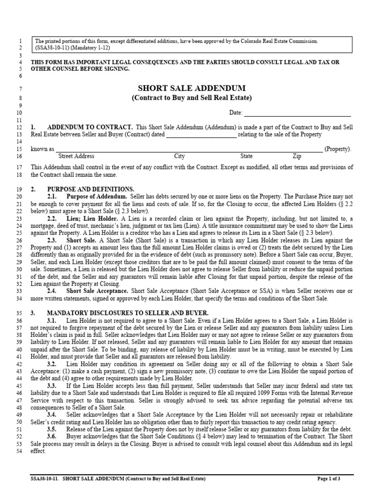 Colorado Short Sale Addendum Form | PDF | Short (Finance) | Lien