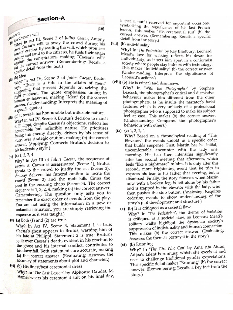 Pre - Board English Paper 2 Answer Key | PDF