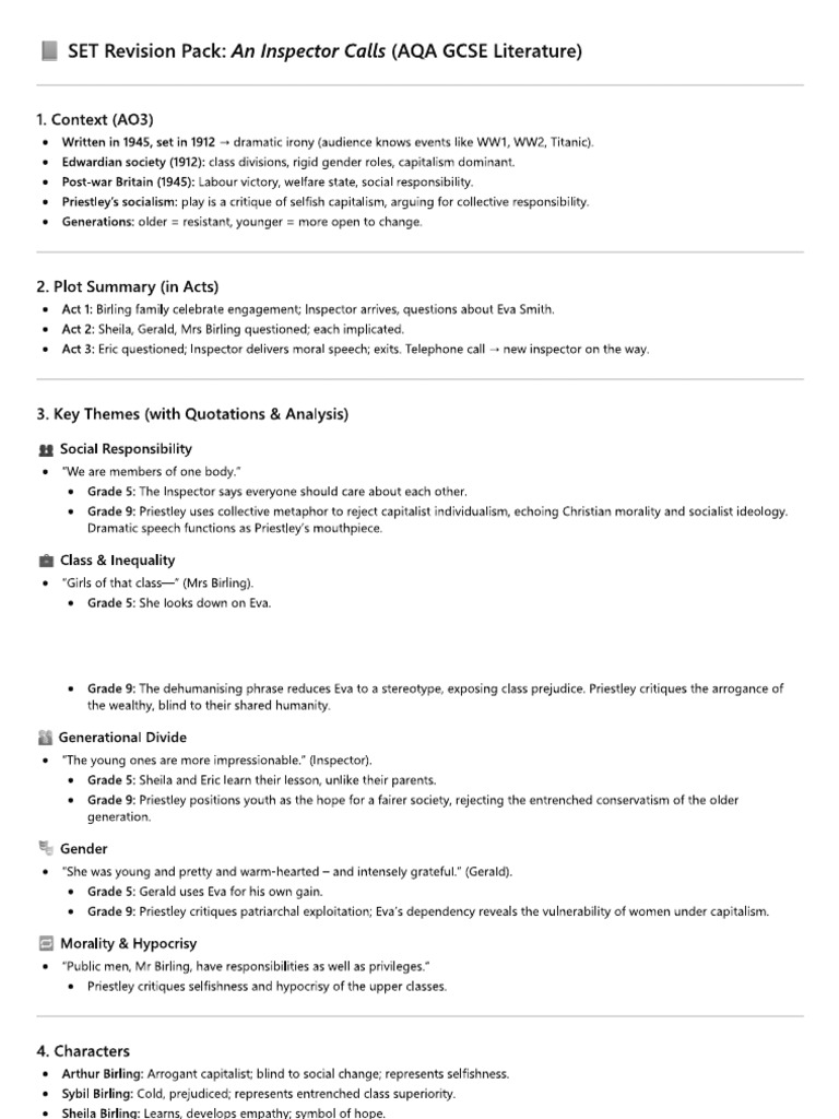 SET Revision Pack - An Inspector Calls (AQA GCSE Literature) | PDF