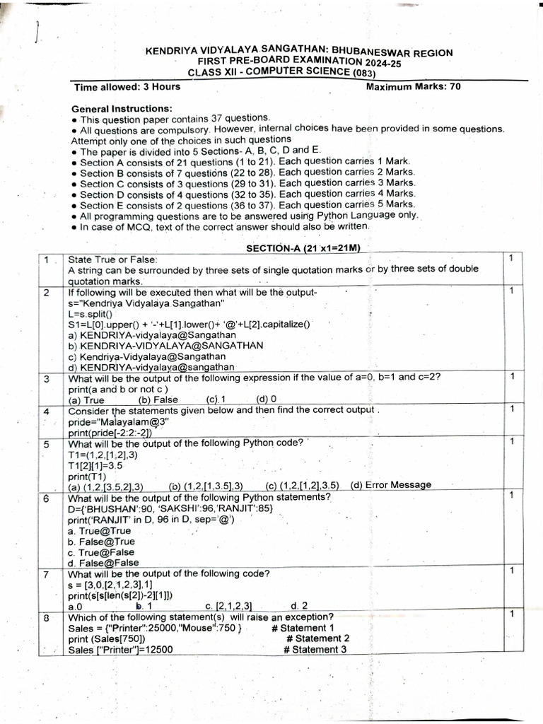 XII CS - 1st Preboard (24 - 25) | PDF