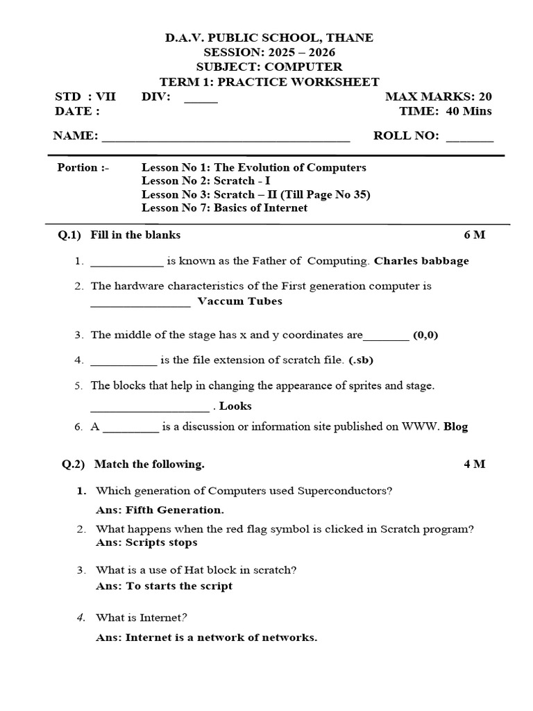 Answer Key Std Vii Term1 Computer Practice Paper 25-26 | PDF | Scratch (Programming Language ...