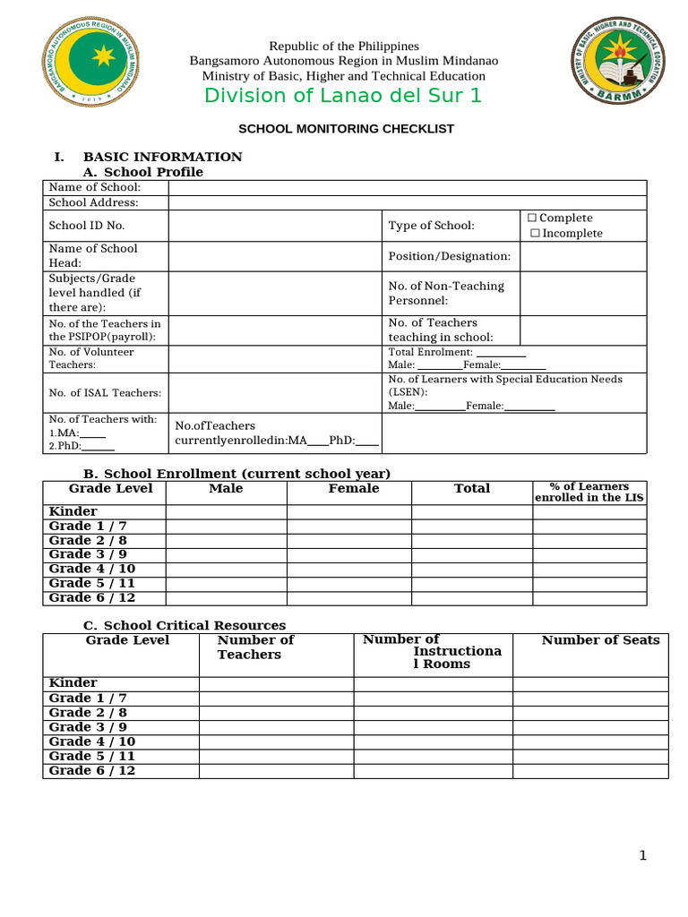 School Monitoring Checklist - 120001 | PDF