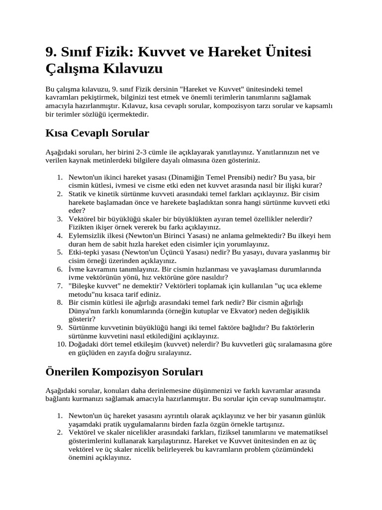 Sınıf Fizik: Kuvvet Ve Hareket Ünitesi Çalışma Kılavuzu | PDF