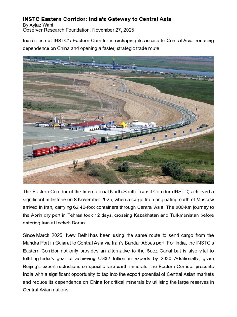 INSTC Eastern Corridor - India's Gateway To Central Asia-OrF | PDF ...