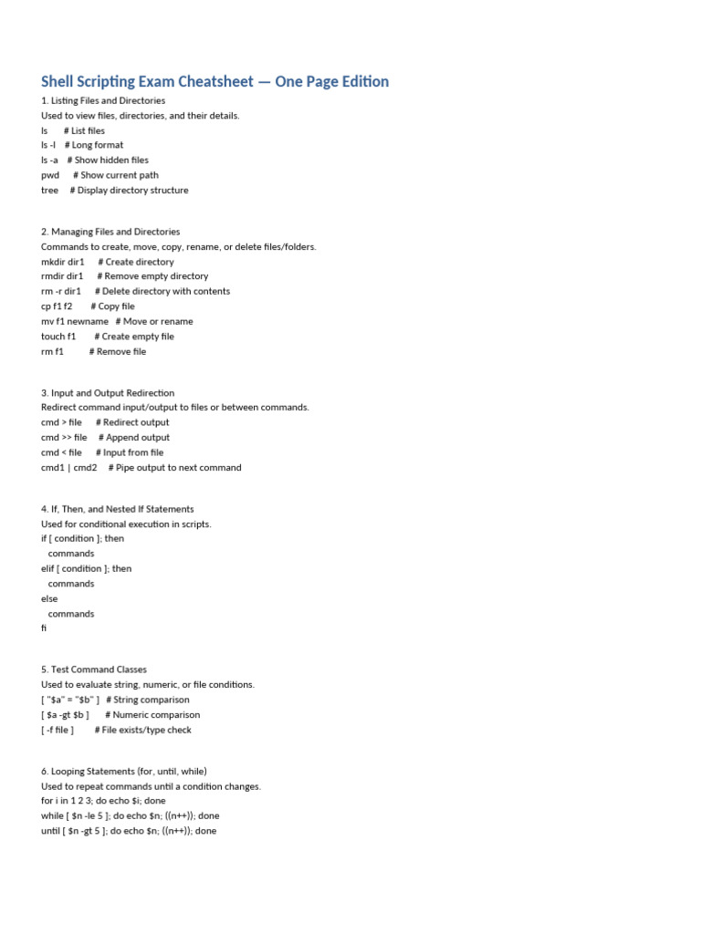 Shell Scripting Cheatsheet OnePage | PDF | Computer File | Directory (Computing)