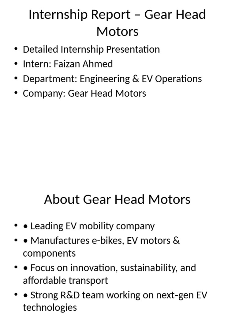 Gear Head Motors Internship Detailed Presentation | PDF | Electric ...