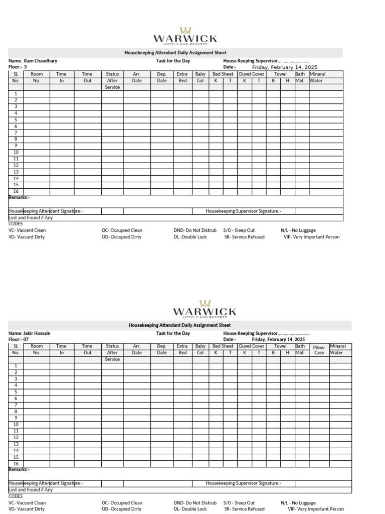 Daily Housekeeping Assignment Sheet | PDF | Housekeeping | Business Process