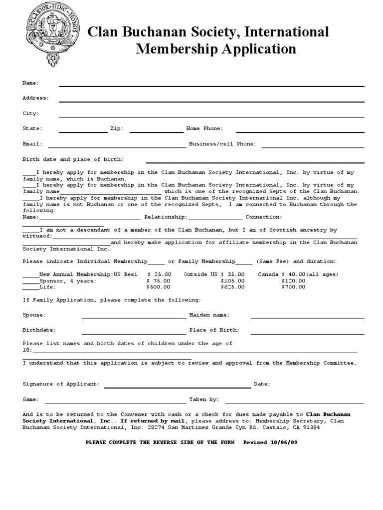 Clan Buchanan Society Membership Form | PDF | British Families | Scotland